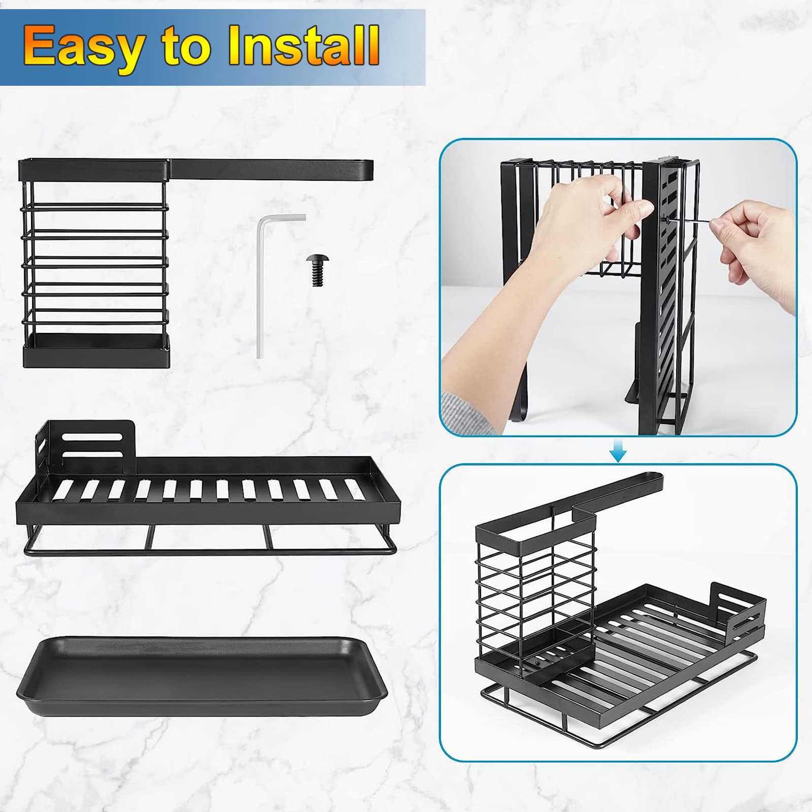 ROMINVIC Sink Caddy Organizer,Kitchen Caddy for Sponge Dishcloth Brush Holder with Black Drain Tray and 2 Sponge Holders 304 Stainless Steel Rustproof