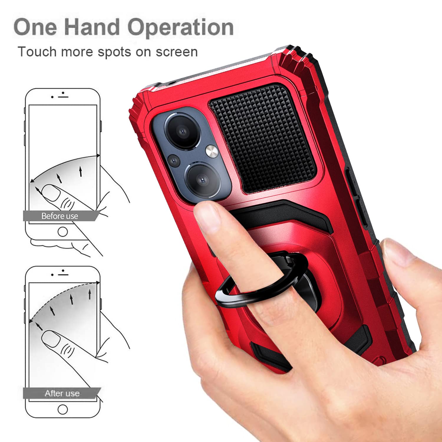 NZND Case for OnePlus Nord N20 5G with Tempered Glass Screen Protector (Maximum Coverage), Heavy-Duty Cover Case [Military-Grade] Full-Body Protective, Magnetic Car Ring Holder (Black)