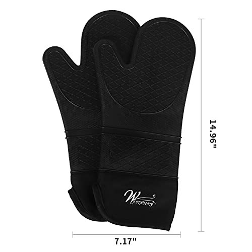 WESINOORY Extra Long Oven Mitts, High Heat Resistance up to 500 Degrees,with Inner Quilted Liner and Silicone Surface, Good for Kitchen Cooking and Baking(Black)