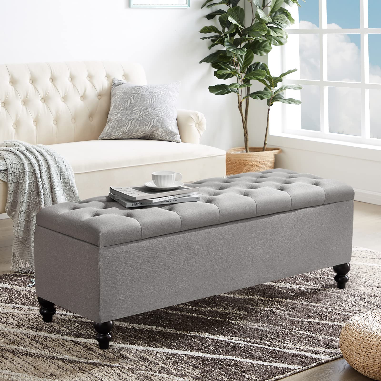 Storage Ottoman 50.2 Inches Upholstered Fabric Bench,Button Tufted for Living Room,Bedroom End of Bed Bench Withstands 303lbs (Grey)