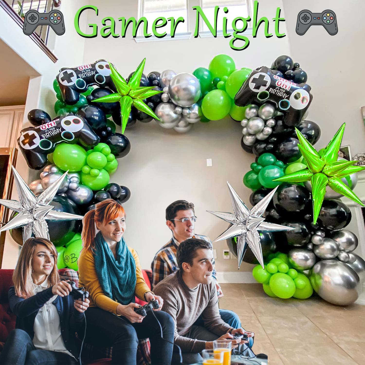 Video game Balloon garland kit 135pcs Green and Black Silver Controller balloon arch Gamer night Decorations For boy birthday party supplies