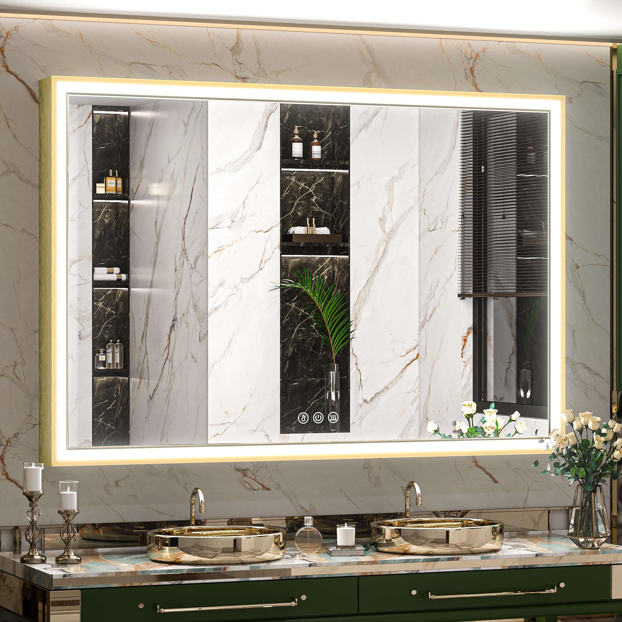 TokeShimi 55 x 36 Inch Gold Large Bathroom Mirror LED Vanity Mirror with 45° Angled Beveled Light, 3 Colors, Anti-Fog,Aluminum Alloy Matte Frame, Memory Funtion Stepless Dimmable for Modern Decor