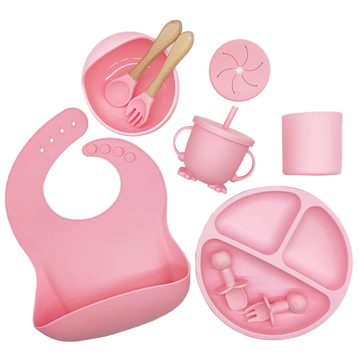 RUNDE Silicone Baby Feeding Set,Toddler Led Weaning Supplies with Suction Bowl Divided Plate Straw Sippy Cup,Bib,Spoon,Fork,Infant Self Feeding Eating Utensils (Pink),(TR-234)