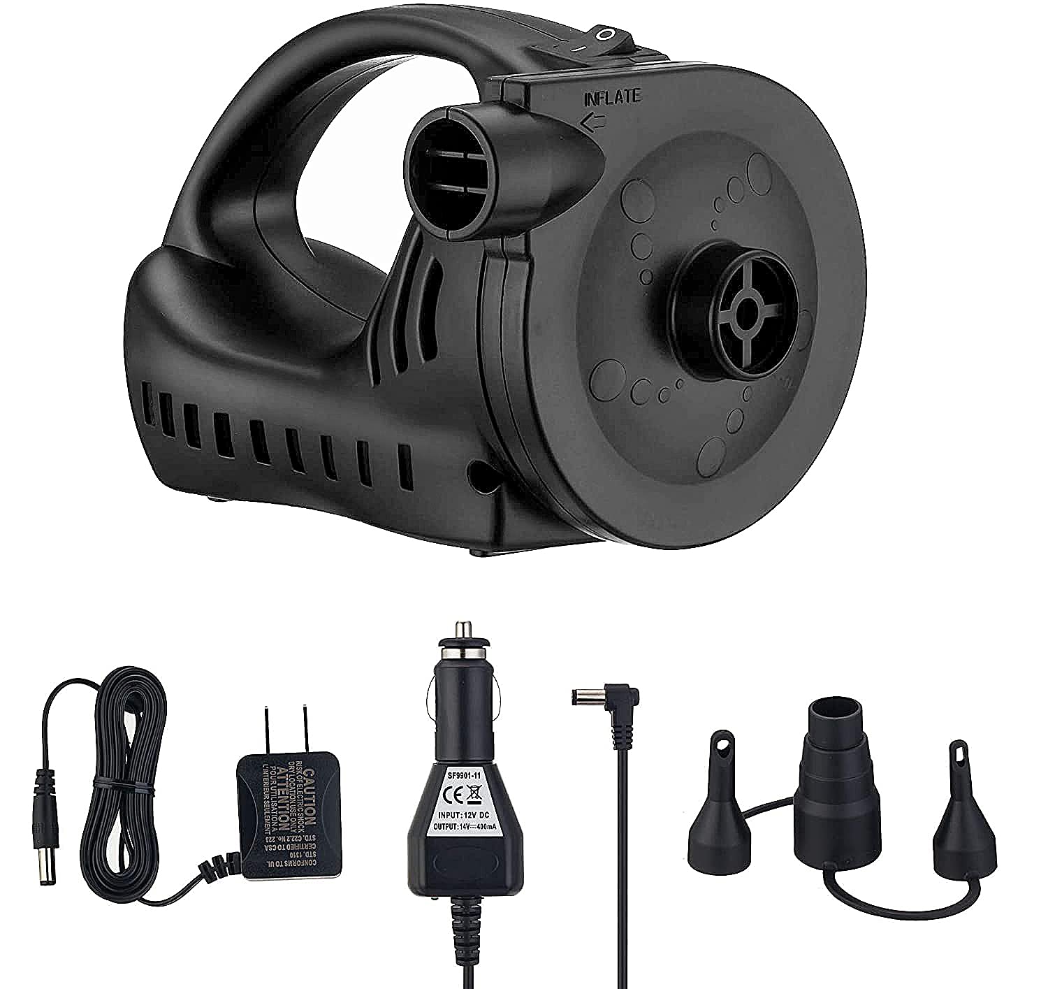 sanipoe Rechargeable Electric Air Mattress Pump, Portable Quick-Fill Inflator Deflator for Blow Up Pool Raft Bed Boat with Charging Function, Black