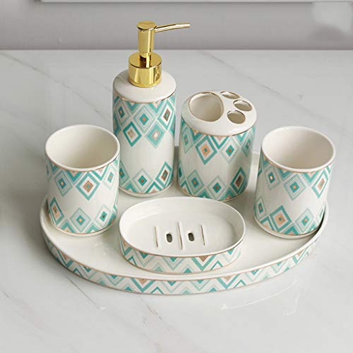 Soap Dispenser 6-Piece Household Items Ceramic Accessories Set Including Soap Dispenser Toothbrush Holder Mug Soap Dish and Practical Tray Luxury Home Decoration Gift Soap Dispenser (Green B)