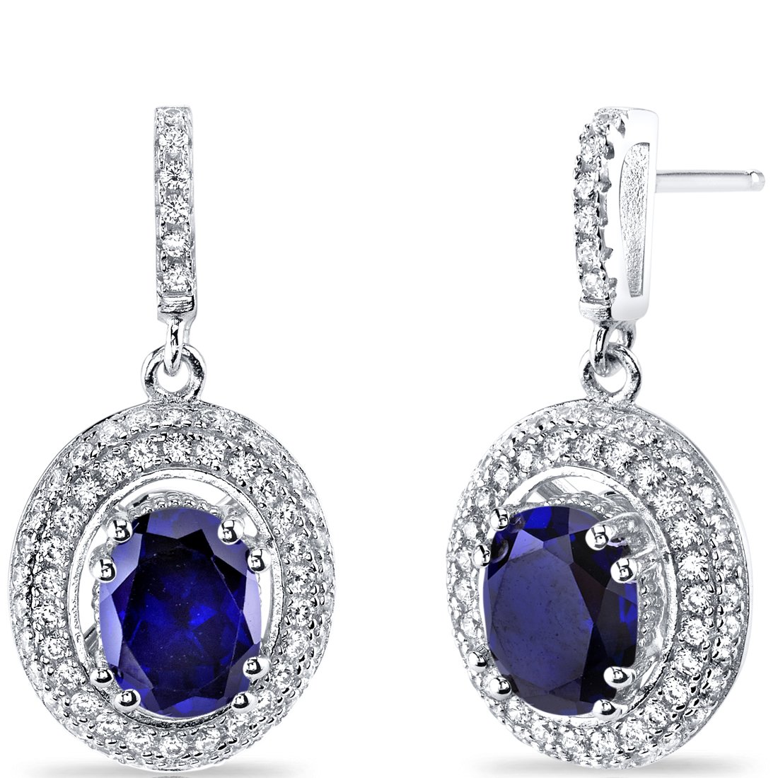 Peora Created Blue Sapphire Halo Dangle Earrings for Women 925 Sterling Silver, 3.50 Carats Total Oval Shape 8x6mm, Friction Backs
