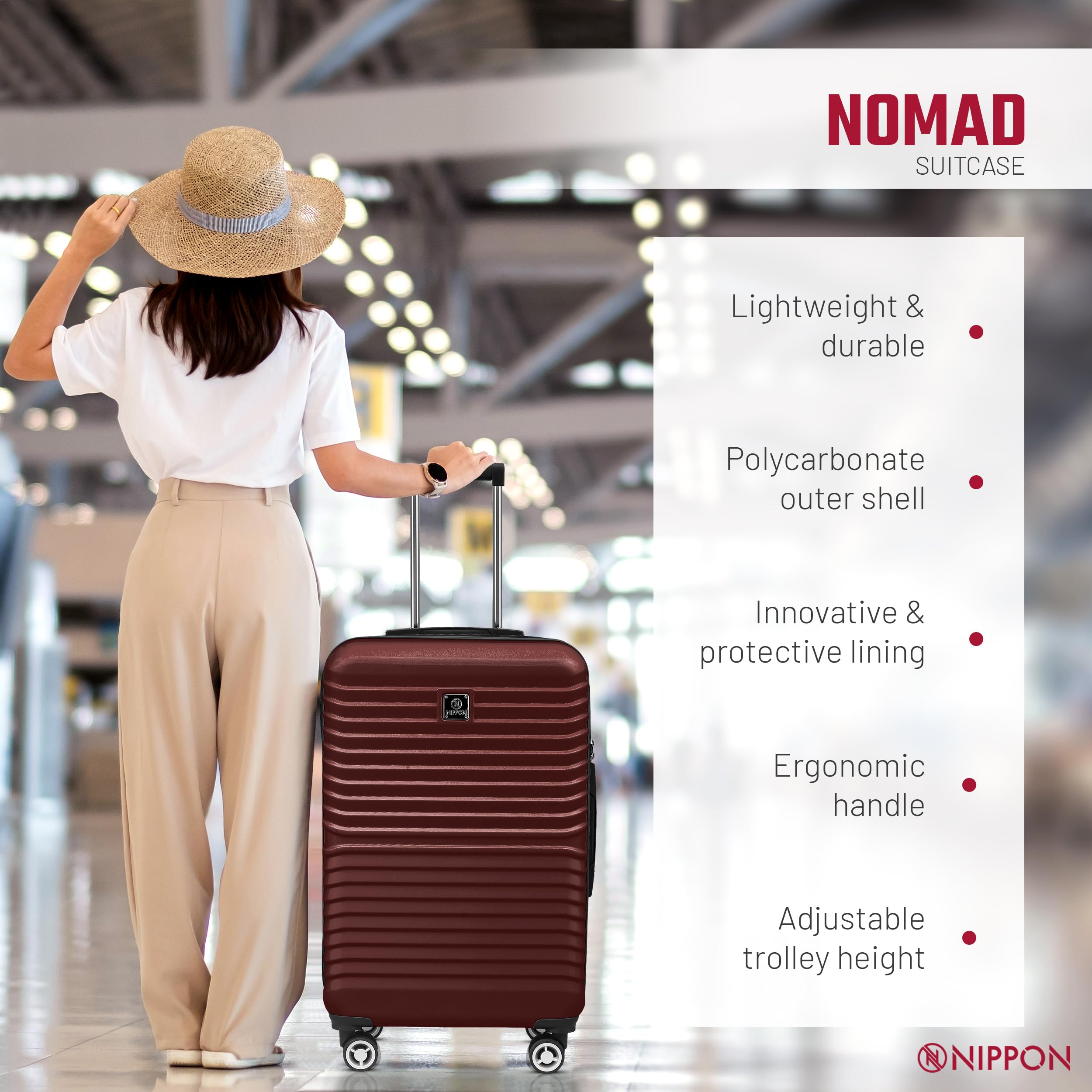 Nippon Luggage Nomad 3-Piece Rolling Hardside Spinner Suitcase Set with Wheels for Women and Men, Lightweight Travel Hard Shell Roller, Premium Polycarbonate, Small, Medium and Large, Red