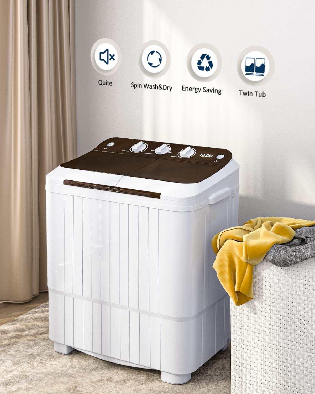 TABU Portable Washing Machine, 2 in 1 Washer Machine, Twin Tub Washing and Spining Combo Machine, 16.5LBS Portable Washer for Apartment, Dorms, RVs, Camping and More, White&Brown