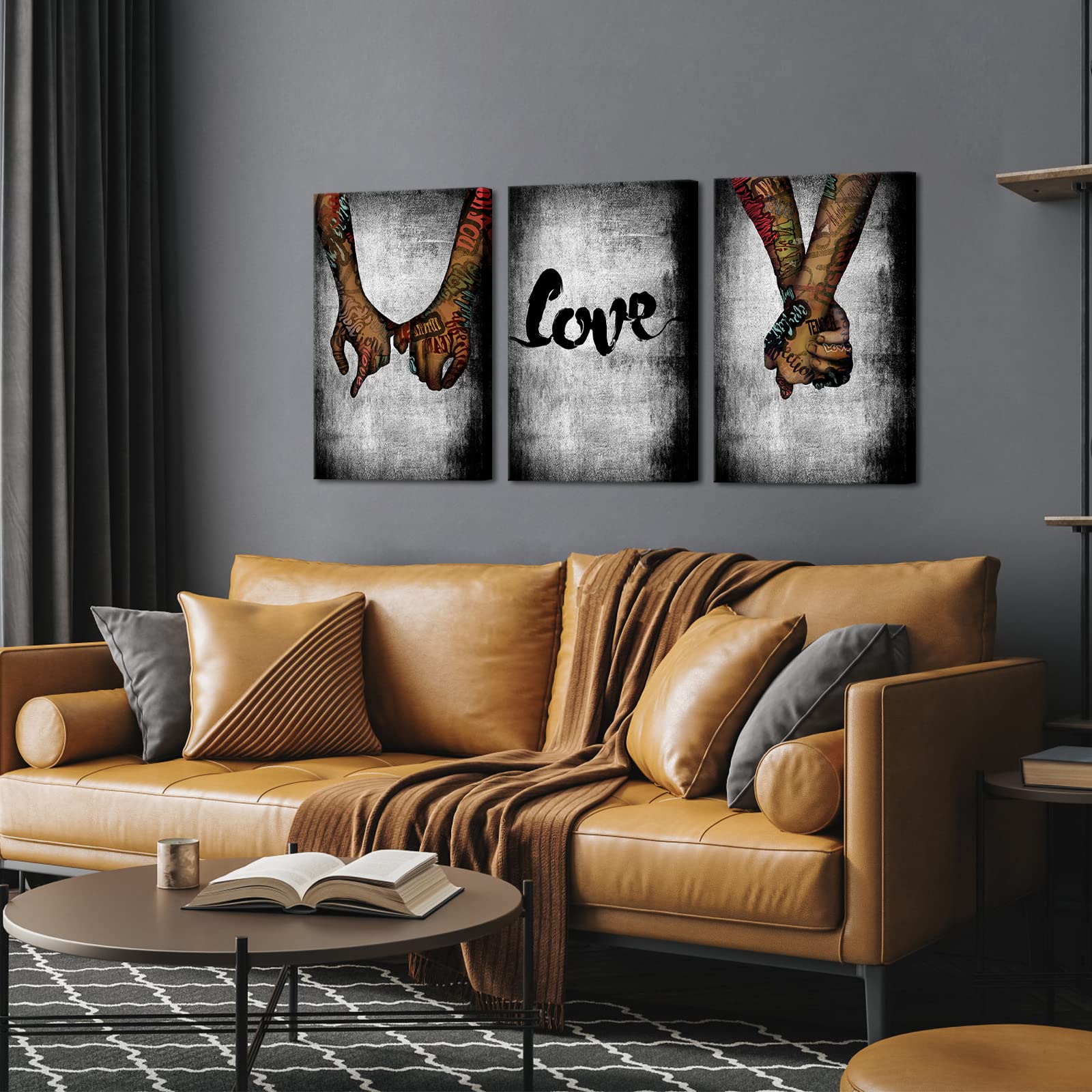 sechars Graffiti Canvas Wall Art Love Hand in Hand Painting Poster Print Abstract Pop Art for Bedroom over The Bed Decoration Lover Artwork Framed Ready to Hang 16x24inchx3PCS