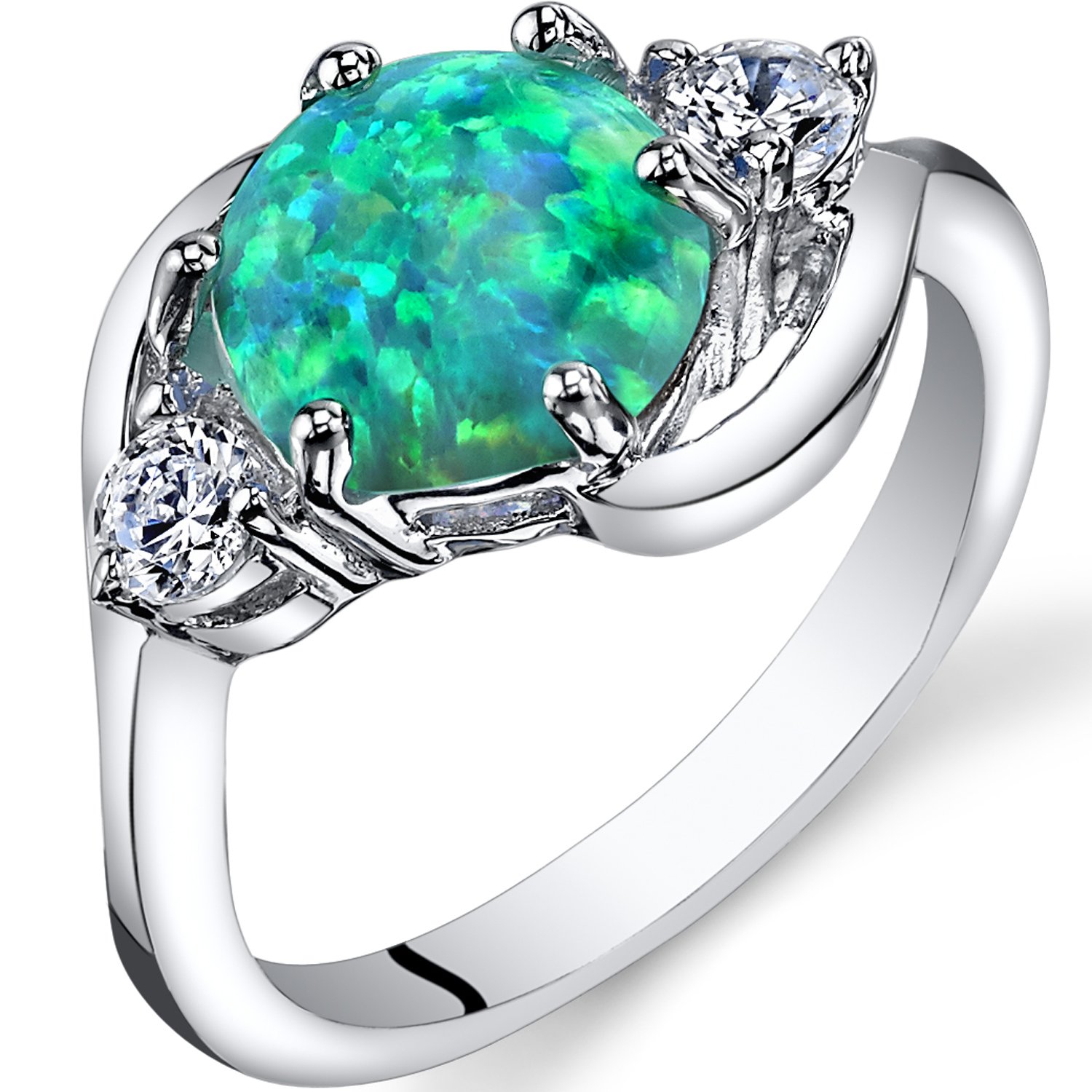 PEORA Created Green Fire Opal Ring for Women 925 Sterling Silver, Stunning Three Stone Design, 1.25 Carats Round Shape 8mm, Size 7