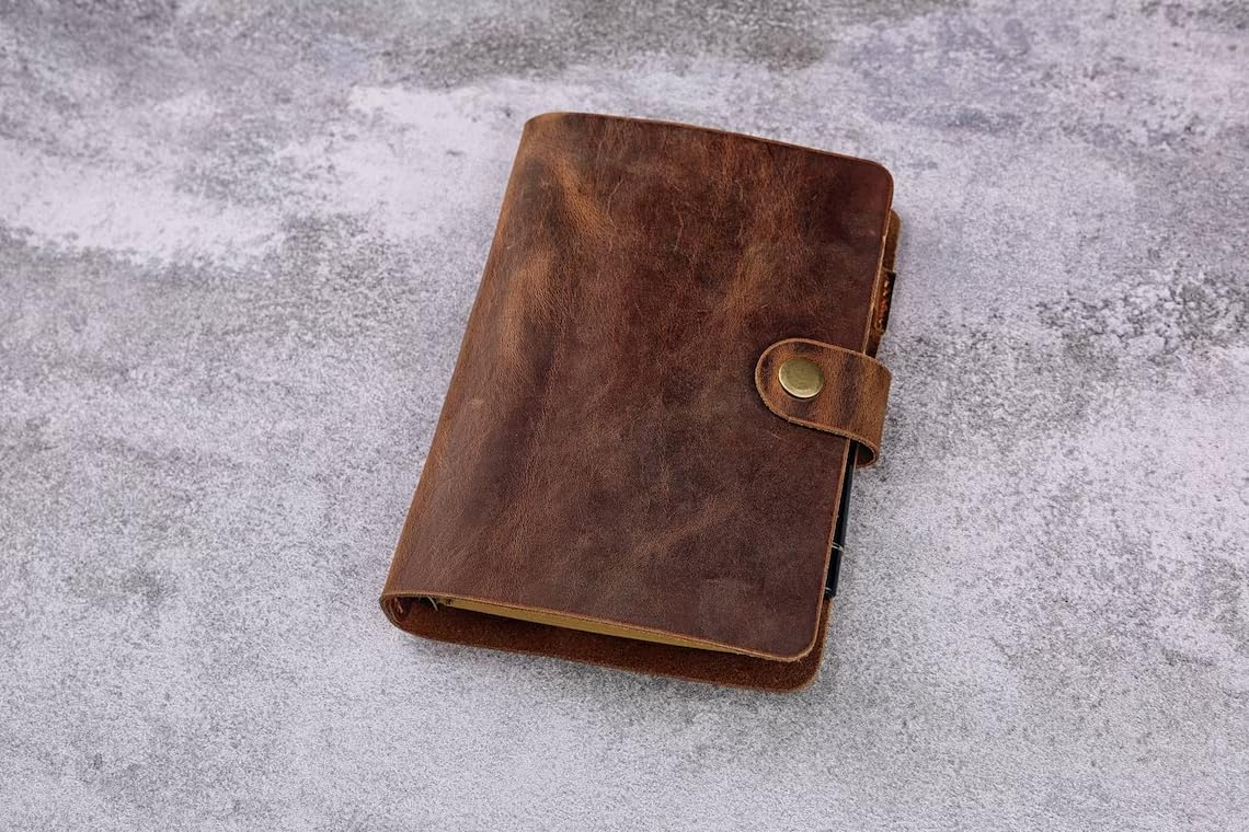 Personalized refillable 6 ring rustic leather A6 journal cover with pen holder, unique leather A6 refill planner binder sketchbook NA605SS