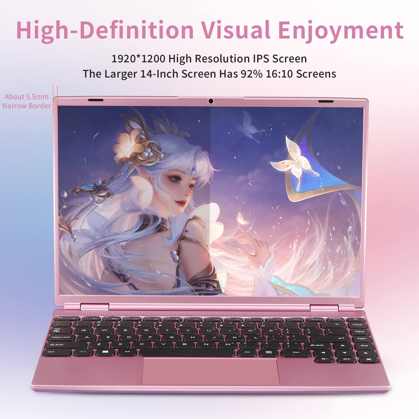 SERYUB 14 Inch Pink Laptop,8GB RAM 512GB SSD Windows 11 Laptops,1920x1200 Pixels,Intel Celeron J4105 Notebook PC (up to 2.5ghz),Dual Wi-Fi, 2xUSB 3.0,Type-C,Full Size Keyboard Computer