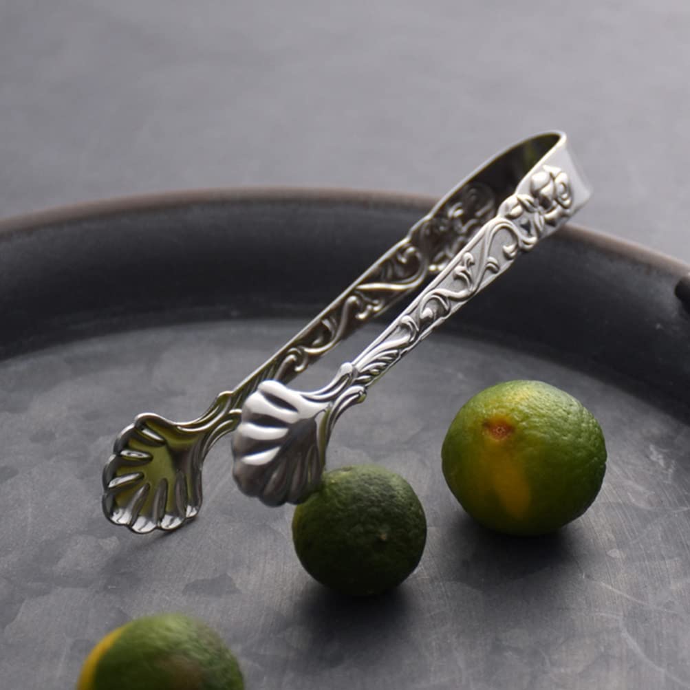 UPKOCH Ice Tong Sugar Cube Clip: Metal Sugar Tongs Vintage Rose Relief Stainless Steel Ice Cube Tong Small Food Clips for Appetizer Dessert Kitchen Silver