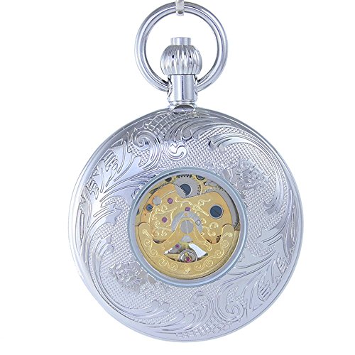 OGLE Vintage Waterproof Mirror Chain Black Fob Self Winding Automatic Skeleton Mechanical Waterproof Pocket Watch