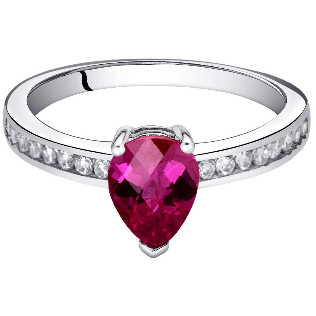 PEORA Created Ruby Ring in Sterling Silver for Women, Sophisticated Pear Shape Solitaire Design, 1.25 Carats total, Comfort Fit, Size 7