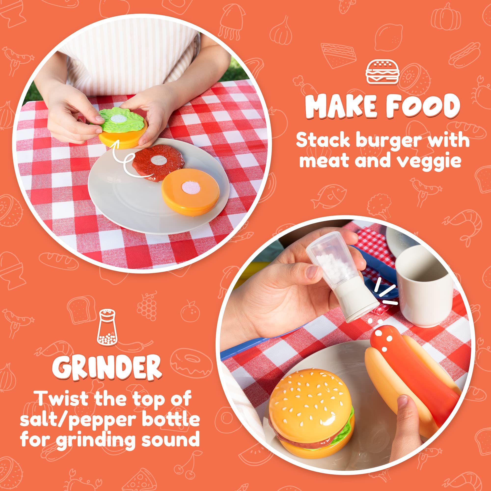 Play-Act 27 PCS Kids BBQ Grill Playset Backyard Barbecue Play Grill Toy Set for Toddlers,Play Food Sets for Kids Kitchen