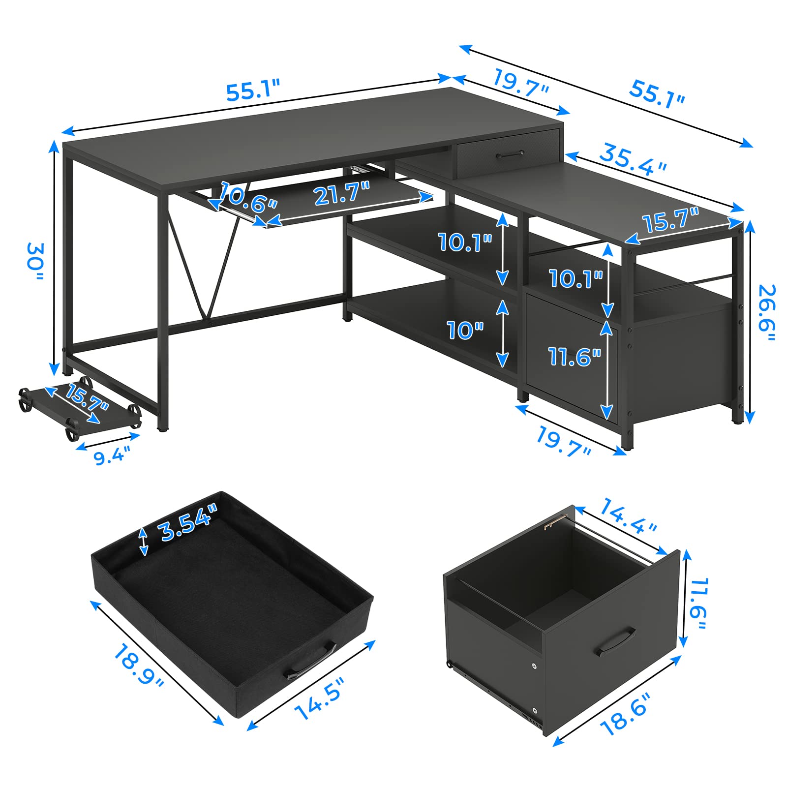 SEDETA L Shaped Desk with File Drawers, 55 inches Corner Computer Desk with Storage Shelves, Keyboard Tray and Printer Stand, Computer Table Writing Desk Workstation for Home Office, Black