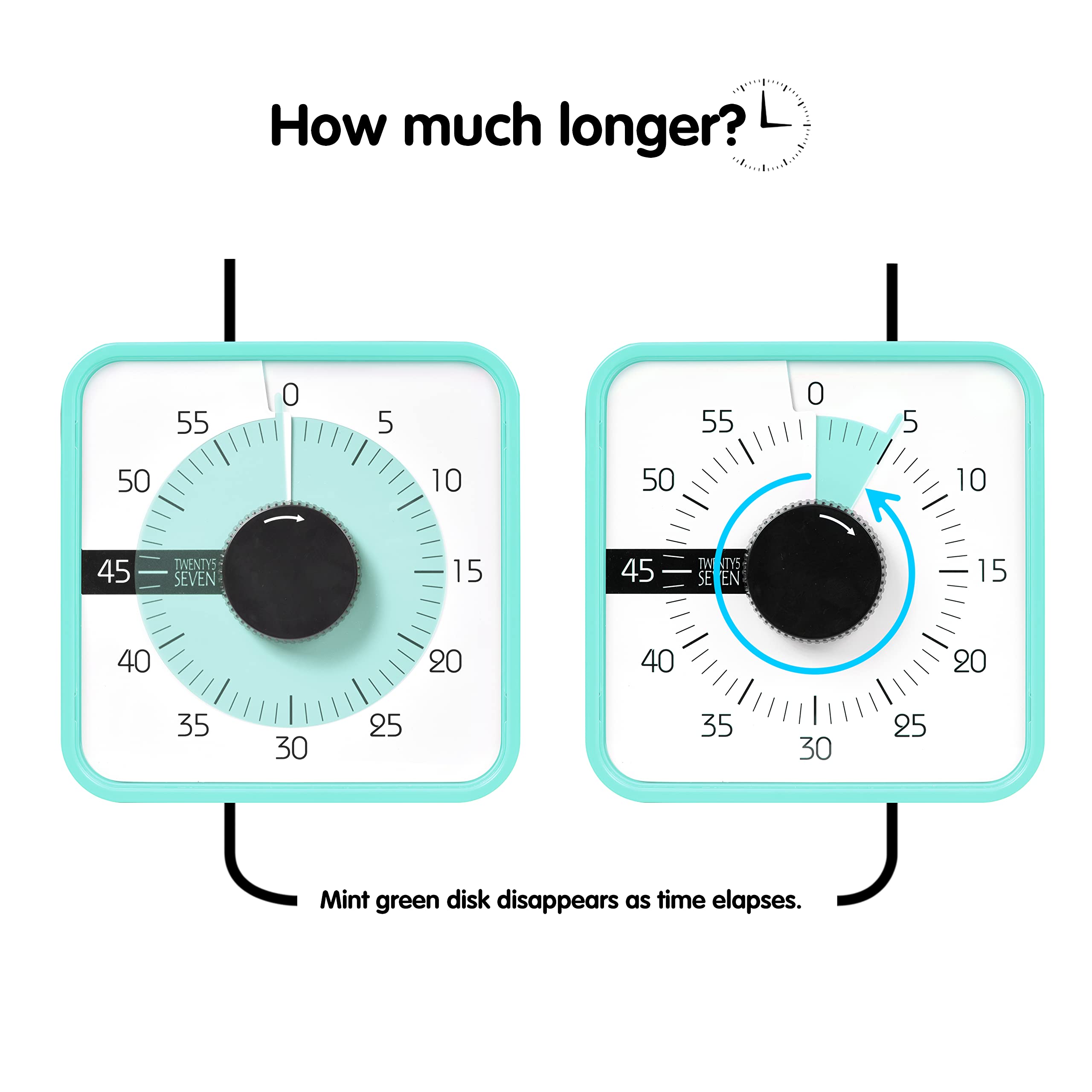 TWENTY5 SEVEN Countdown Timer 7.5 inch; 60 Minute 1 Hour Visual Timer β Classroom Teaching Tool Office Meeting, Mechanical Countdown Clock for Kids Exam Time Management Magnetic, Mint Green