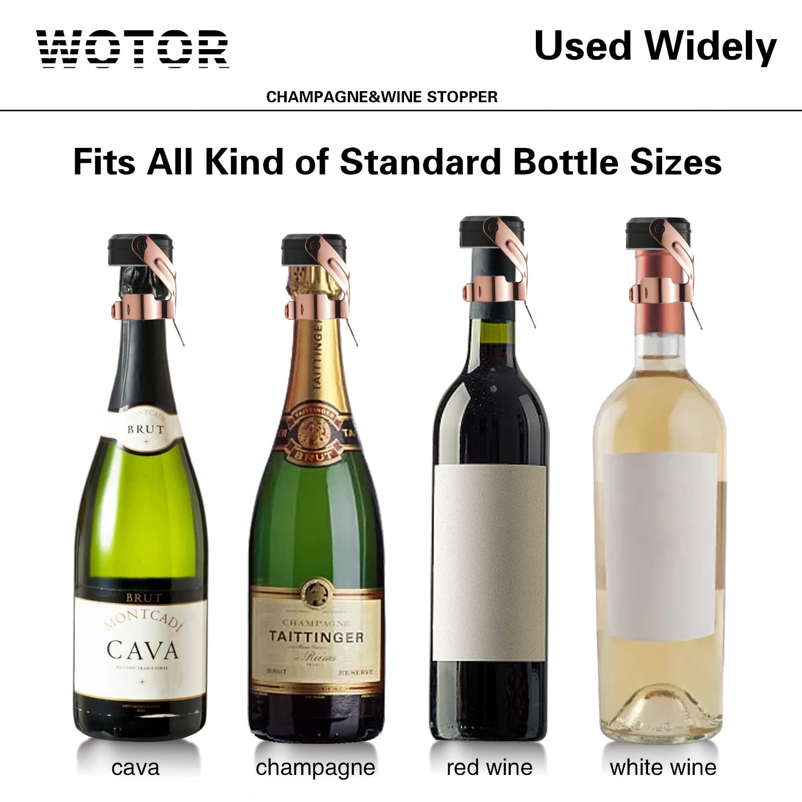 WOTOR Champagne&Wine Bottle Stoppers Stainless Steel with Food Grade Silicone, Leak Proof Keep Fresh Reusable Saver, Cork Suitable for Wine, Champagne, Cava, Prosecco and Sparkling (2 Pack Rosegold)