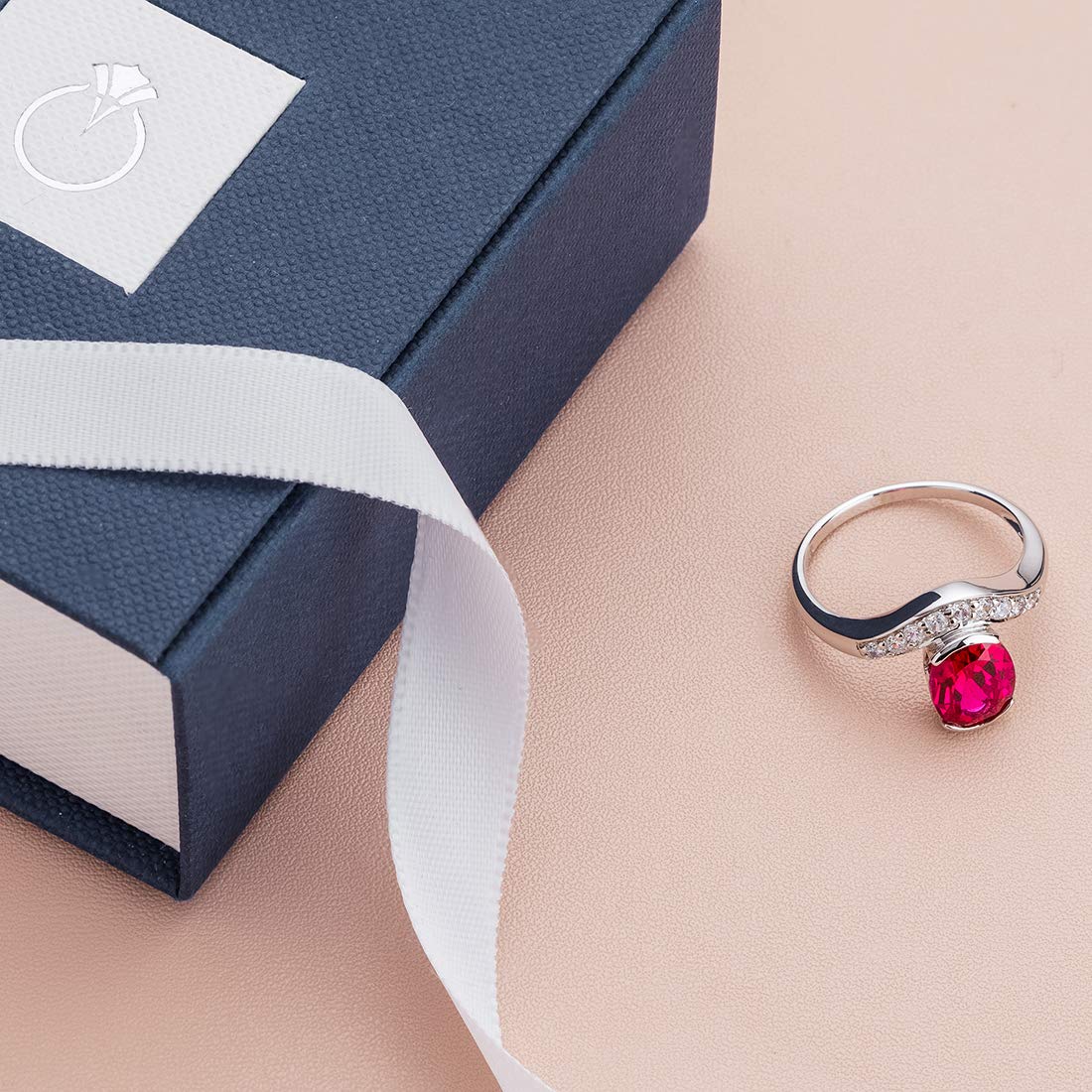 PEORA Created Ruby Ring for Women in Sterling Silver, Statement Solitaire, Oval Shape, 9x7mm, 2.50 Carats total, Comfort Fit, Sizes 9