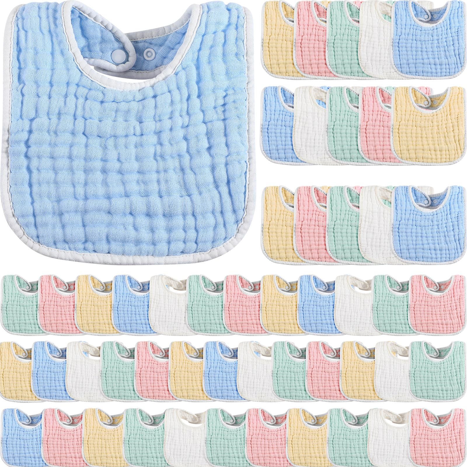 Tatuo 50 Pcs Muslin Baby Bibs Bulk Muslin Cotton Teething Bibs for Baby Boy Girls Burp Bibs with Snap, Baby Bandana Drool Bibs Absorbent Muslin Bibs for Newborn Infant Teething and Drooling, 6 Layers