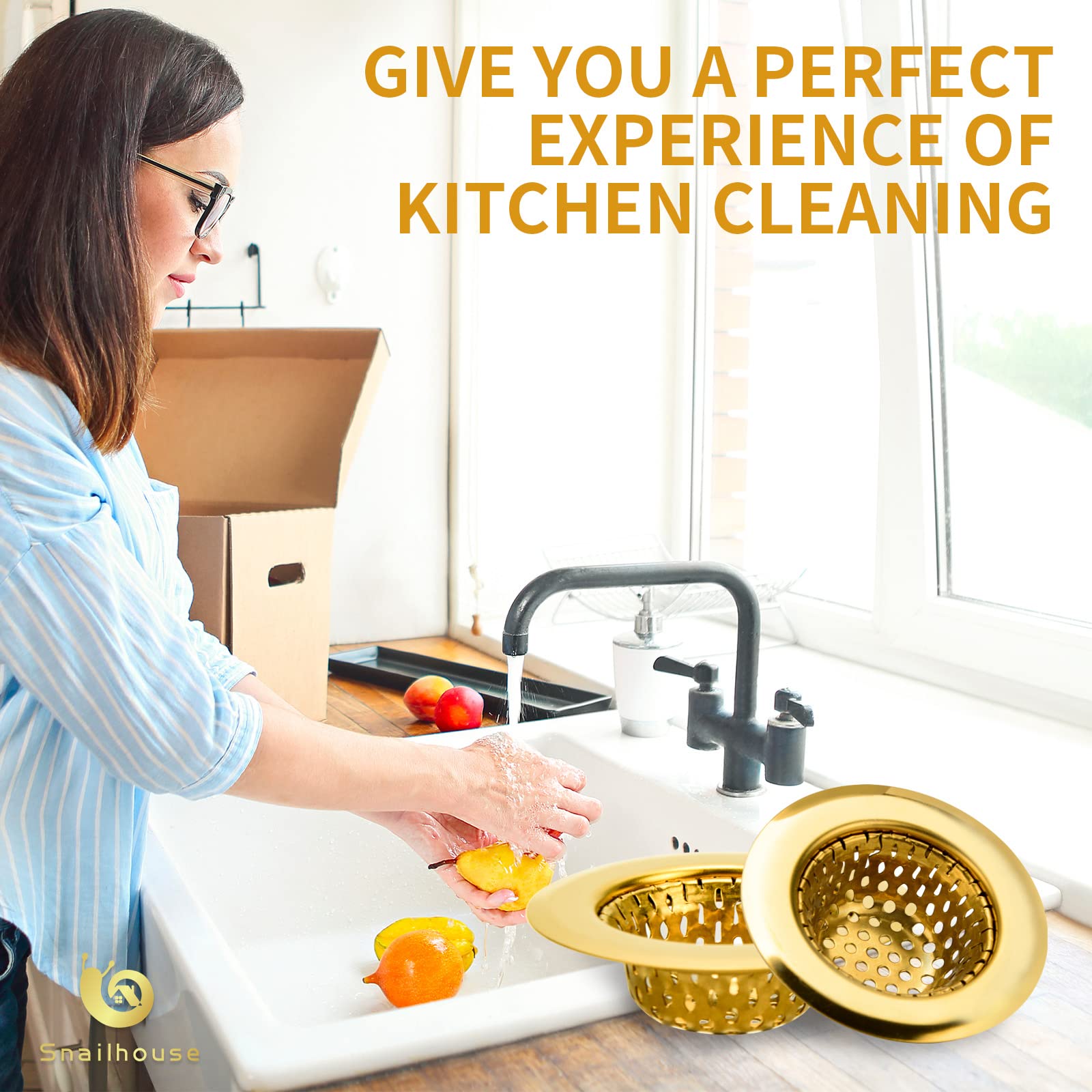 Snailhouse Bathroom Sink Strainers, 2 Pack 2.17 Inches Stainless Steel Small Mesh Utility Sink Drain Stopper Basket Cover Plug Screen, Gold