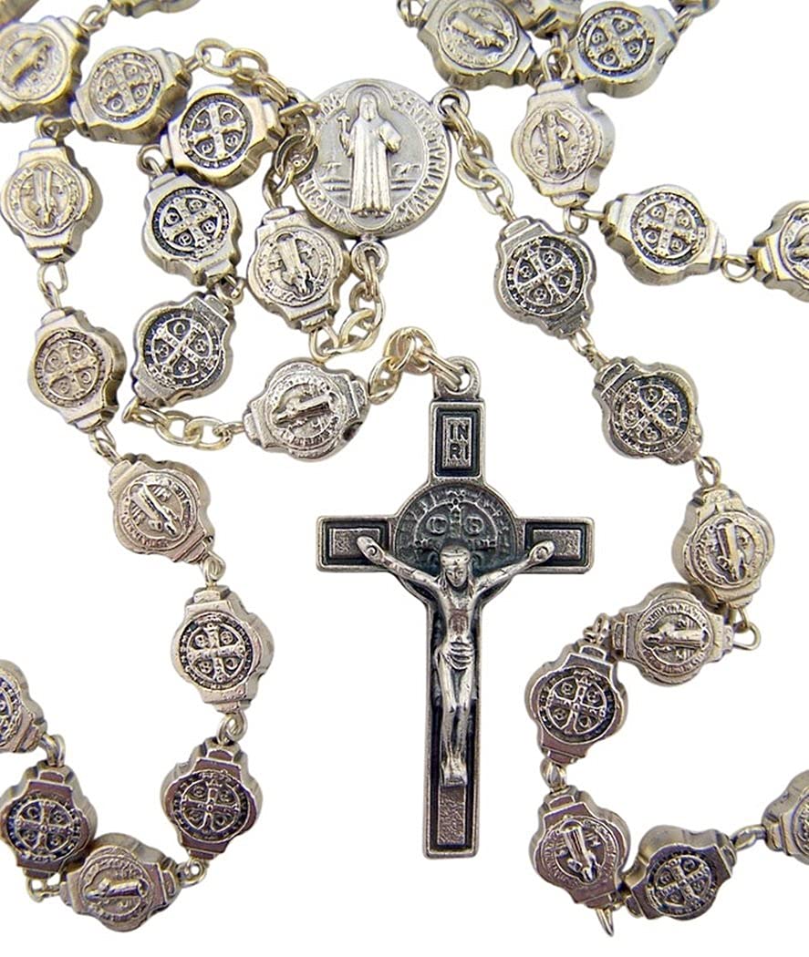 Oxidized Silver Saint Benedict Medal Exorcism Protect Beads Rosary, 22 Inch
