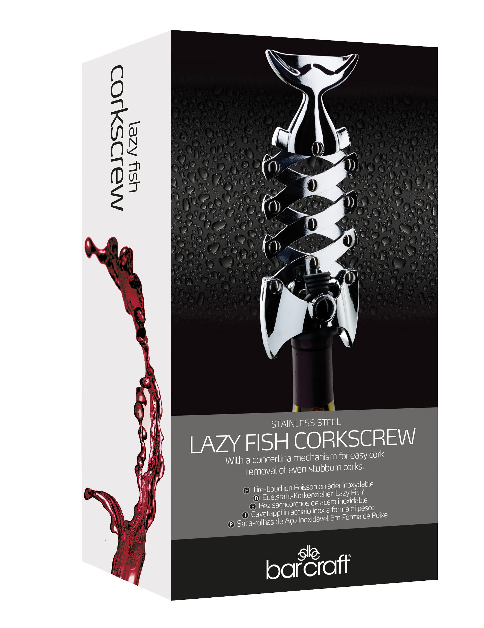 BarCraft Lazy Fish Corkscrew and Bottle Opener, Stainless Steel Wine Opener, 16.5 x 7.5 x 4.5cm, Silver