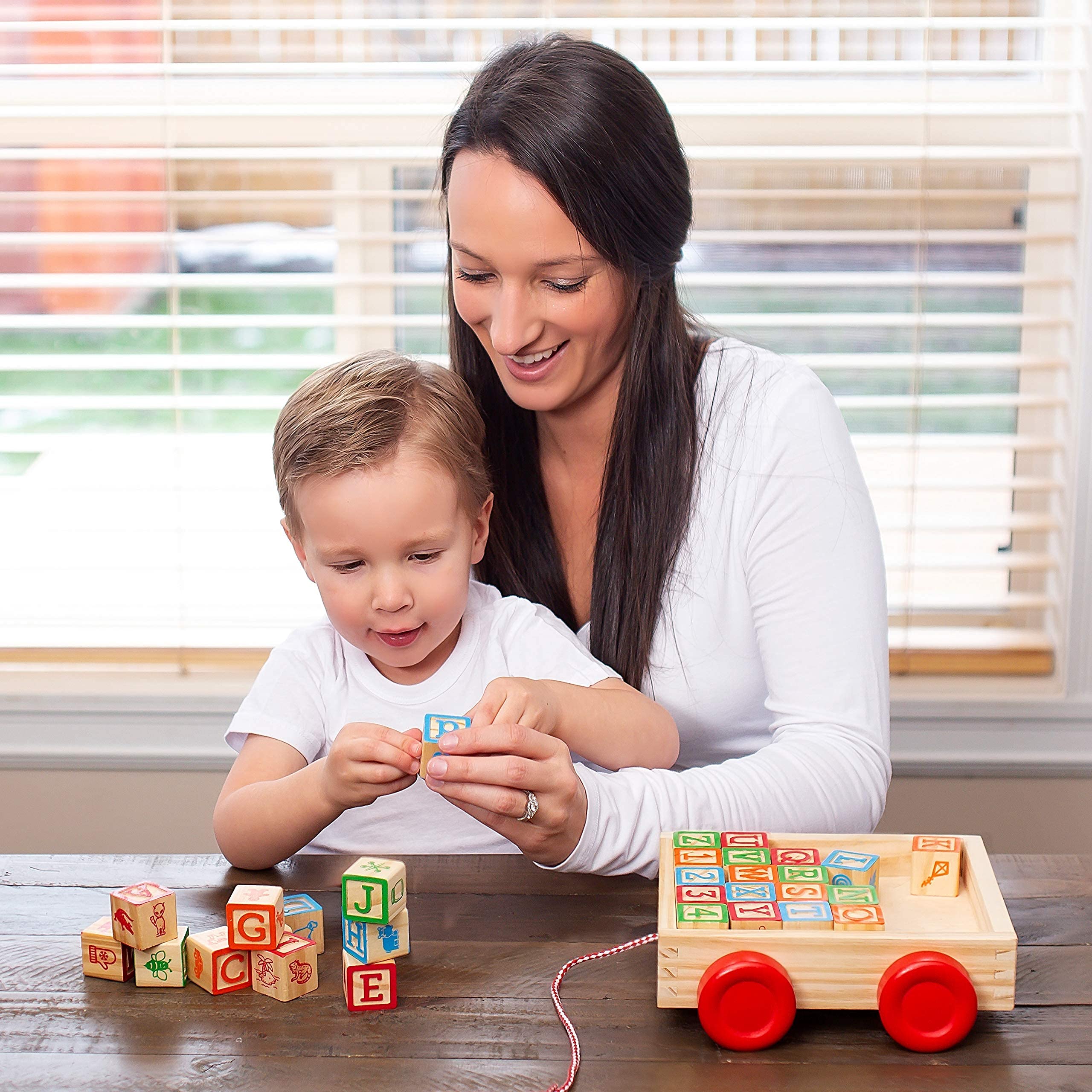 Oaktown Supply Building Blocks for Toddlers 1-3 Years Old, 30 Large Stackable Wooden Baby Blocks with Alphabet and Number Icons on Every Side, Toy Wagon Included