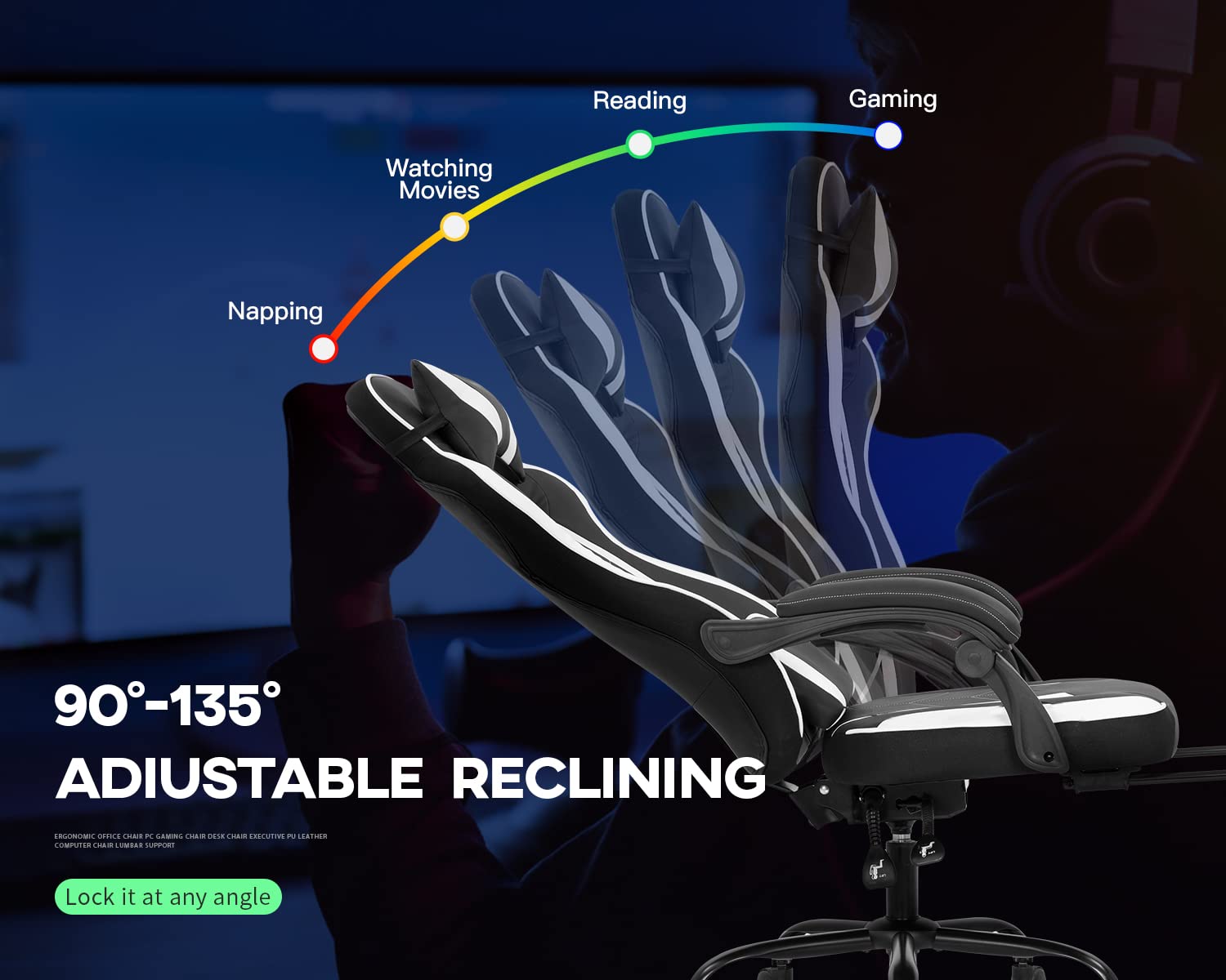 PC Gaming Chair Home Office Chair Racing Computer Chair with Lumbar Support Reclining Armrest Foot Rest Rolling Swivel PU Leather Ergonomic Task Desk Chair(White)