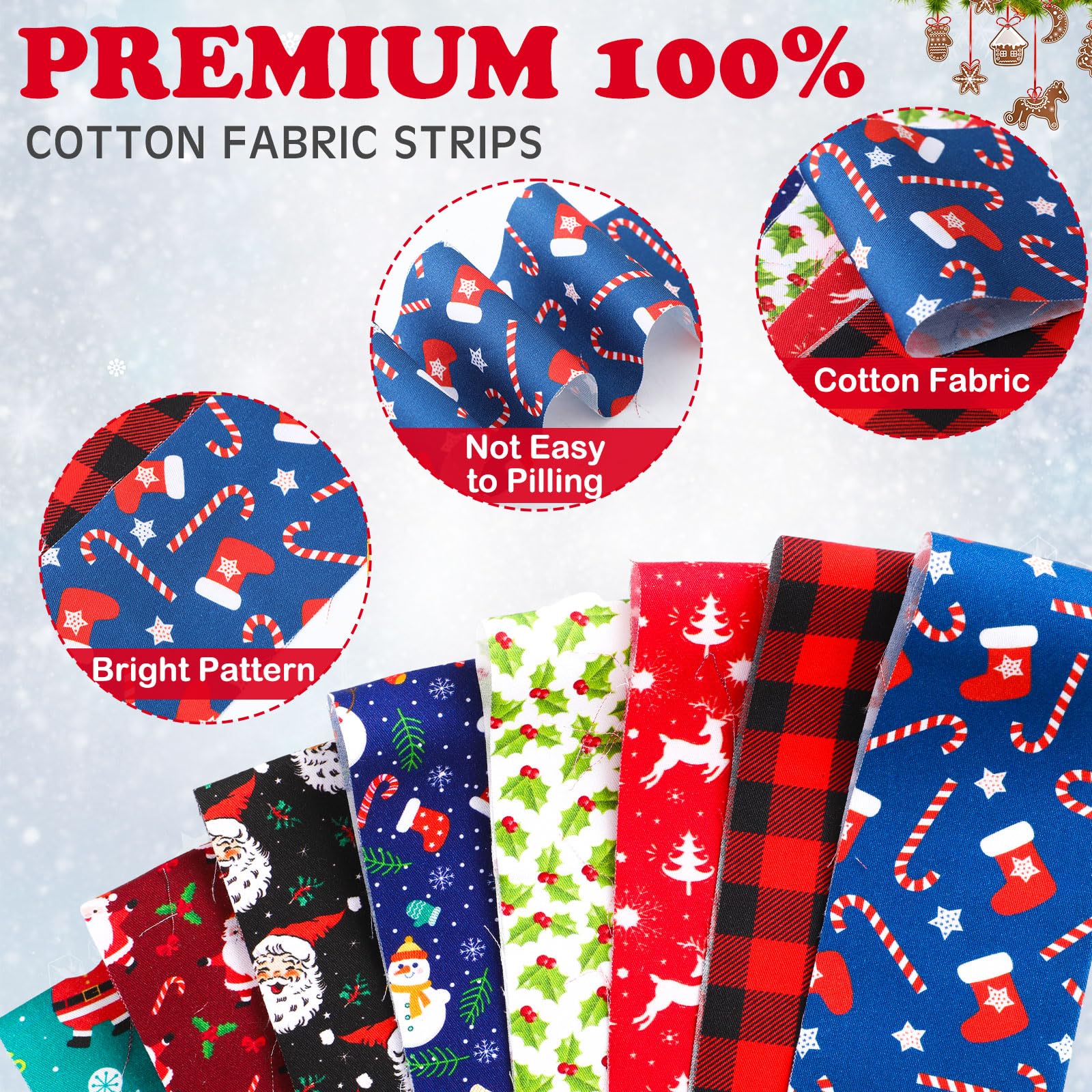 Panelee 40 Pcs Christmas Jelly Cotton Fabric Quilting Roll Pre Cut Fabric Strips Cute Stitched Fabric Strips Rolls Christmas Fabric Craft Patchwork for Handmade Material Favor, 39.37 x 2.6 Inch