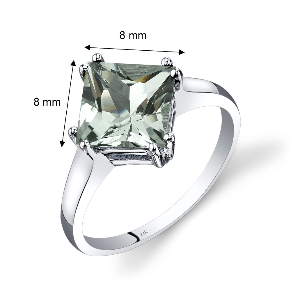 PEORA Green Amethyst Solitaire Ring for Women 14K White Gold, Natural Gemstone Birthstone, 2 Carats Princess Cut 8mm, Size 7