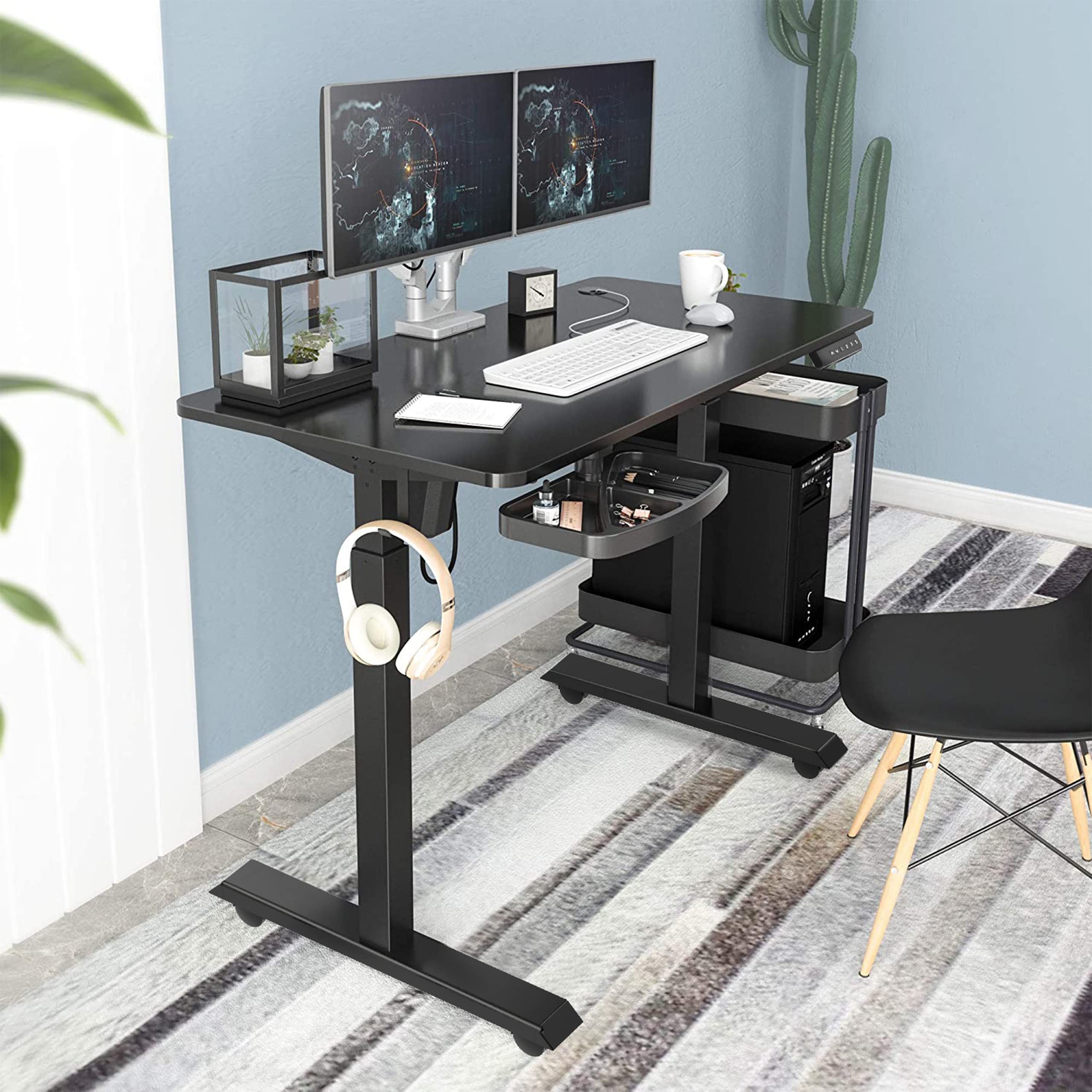 PUTORSEN Electric Height Adjustable Standing Desk, 48 x 24 Inches Sit Stand Home Office Table with Splice Board, Black Frame/Black Top Stand Up Computer Desk with Memory Preset Controller