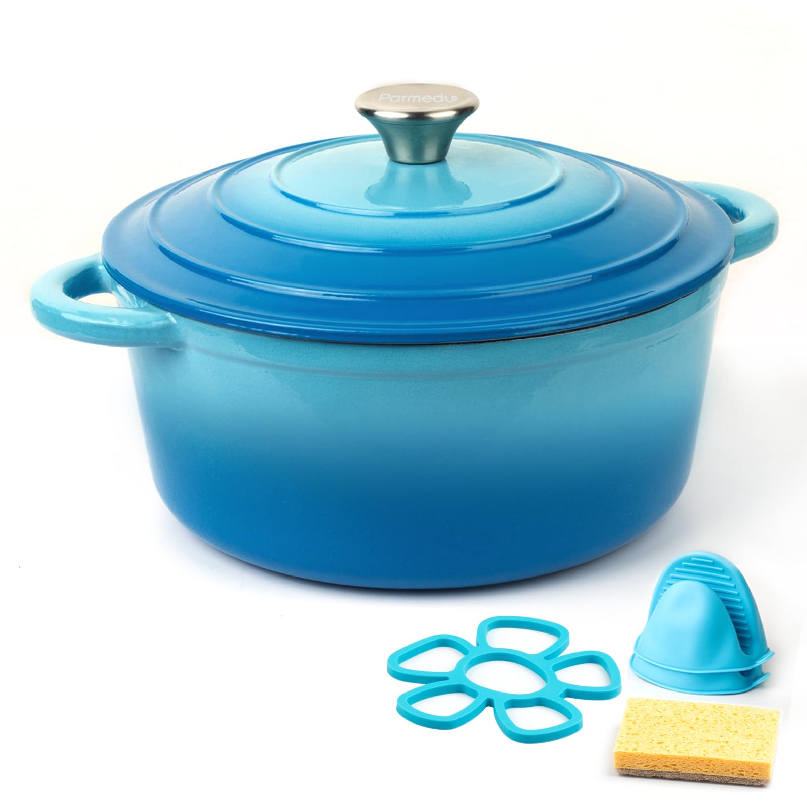 Parmedu Enameled Cast Iron Pot: 2.6 Quart Heavy Duty Dutch Oven with Lid and Dual Handles in Blue - Silicone Accessories and Sponge Included, Ideal for Braising, Stewing, Roasting and Baking