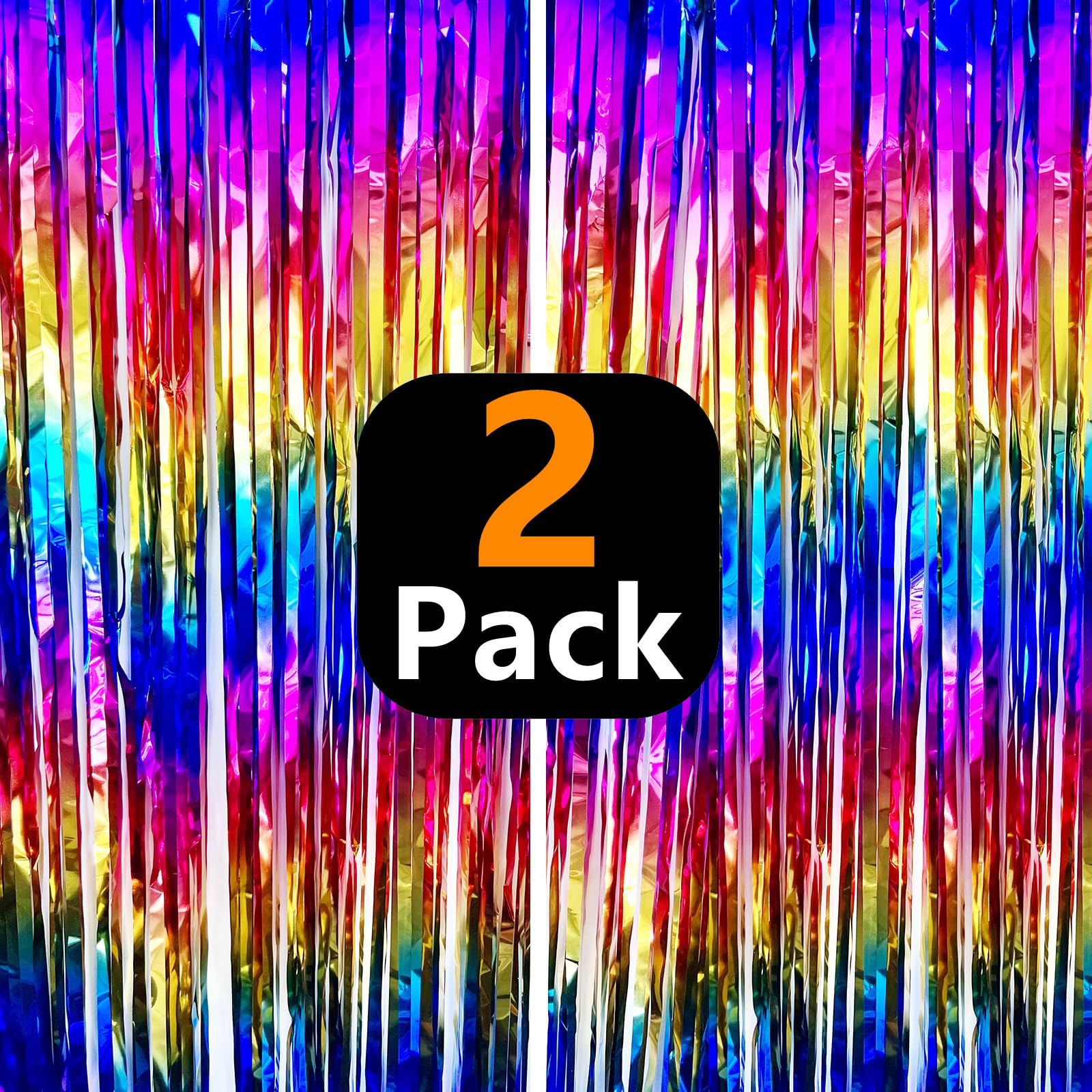 Sparkly Rainbow Foil Fringe Curtain Metallic Streamers Tinsel Party Backdrop Decorations for Birthday Gay Pride Day Graduation Wedding Engagement Bridal Shower Bachelorette Photo Booth Props - 2 Packs