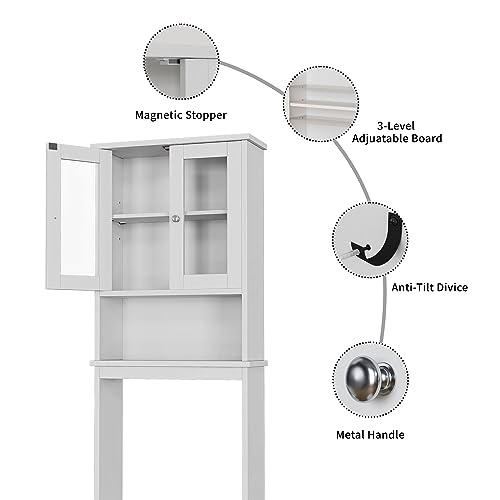 Shintenchi Over The Toilet Storage Cabinet, Bathroom Shelf Organizer with Anti-Tip Device Small Freestanding Space Saver with Adjustable Shelf and Glass Door, White