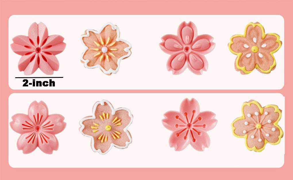 Goeielewe Pastry/Cookie/Fondant Stamper, 2-Inch Press Cookies Mold with 4 Stamps Pink Cherry Blossom Shape Flower Hand Pressure Pastry Tool Fondant Cutters Set for Baking