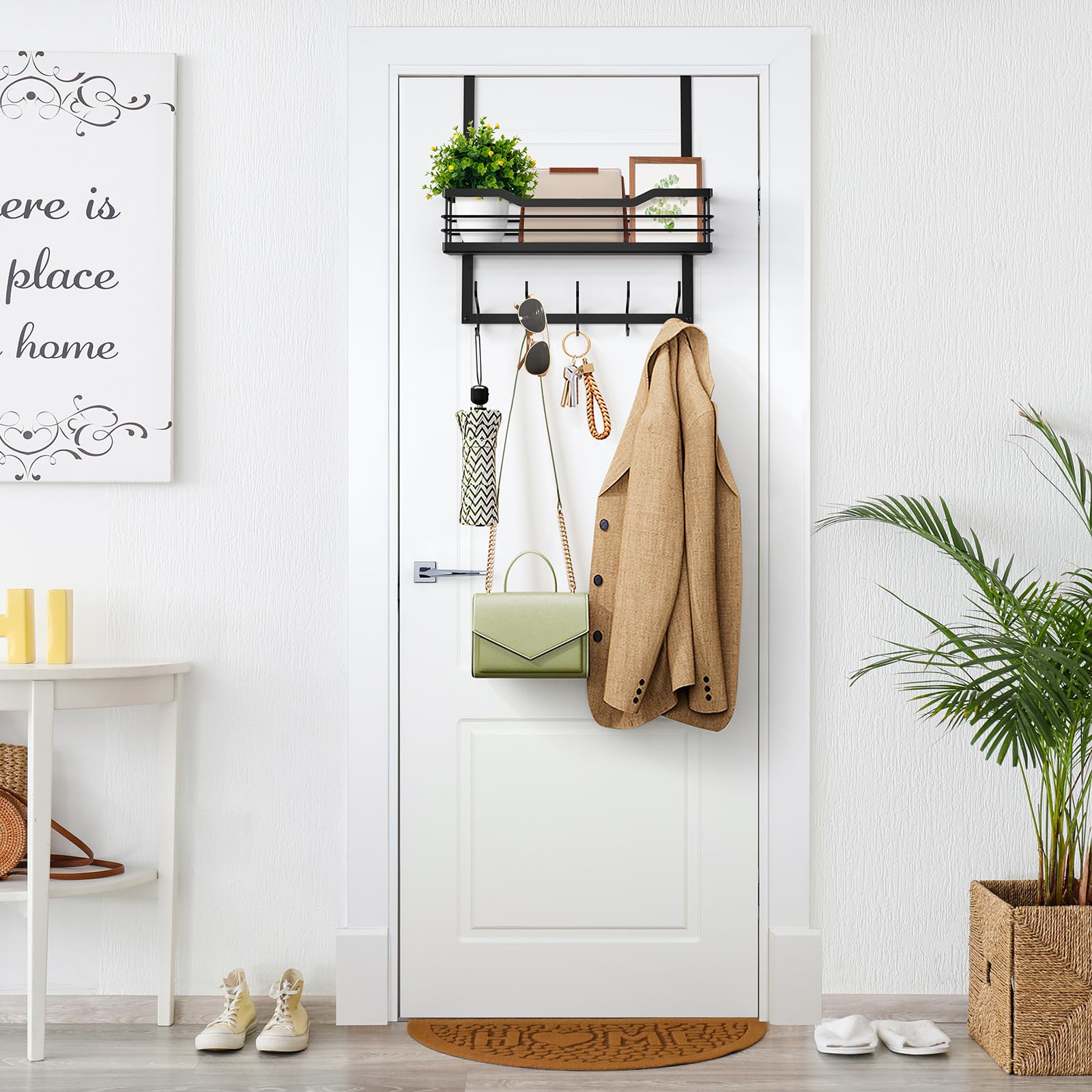 PAPAGIFTREE Over The Door Hooks Organizer (Assembly Required), Over The Door Towel Rack Mesh Basket with 5 Hooks, Over The Door Organizer Towel Rack for Bathroom