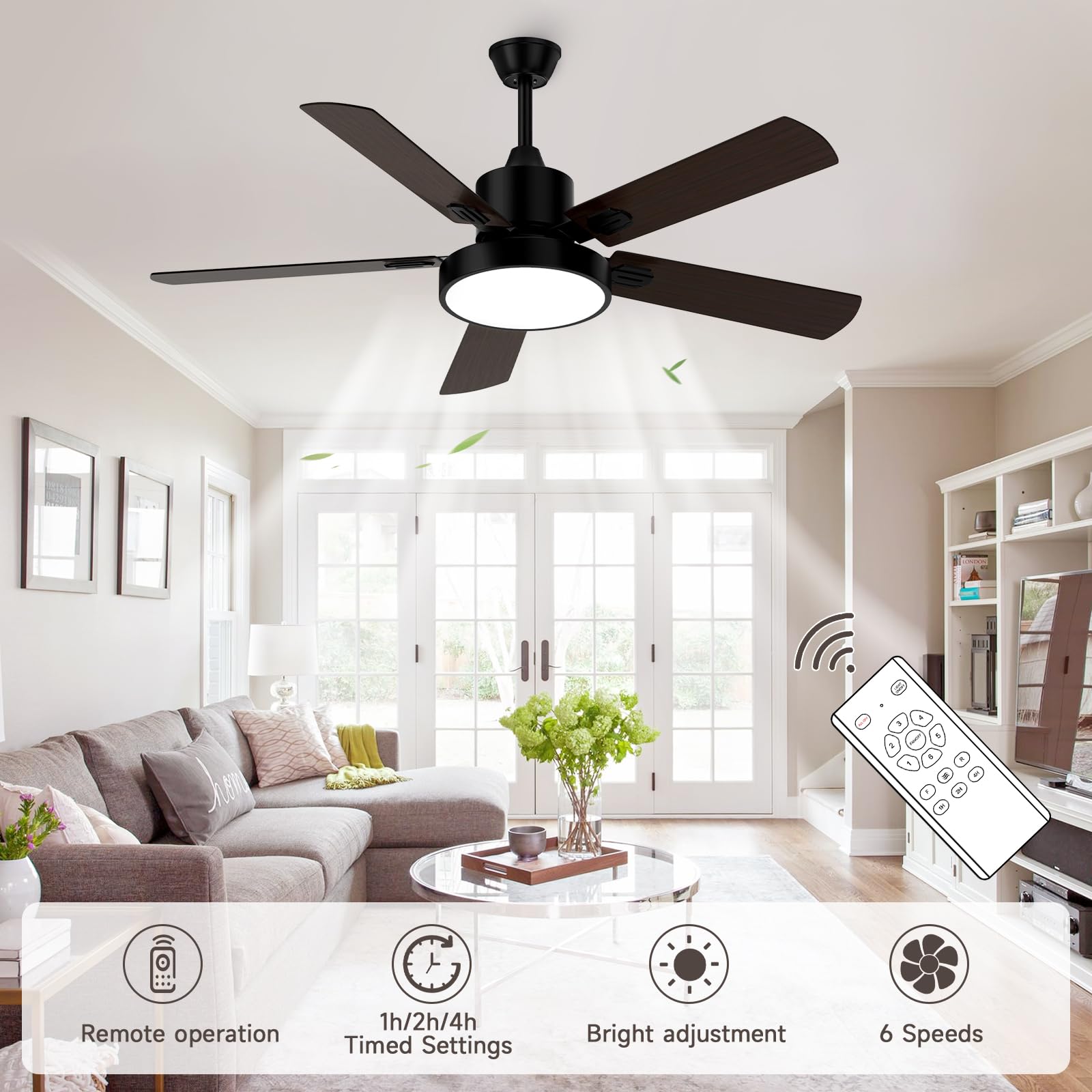 Obabala Ceiling Fans with Lights and Remote, Outdoor/Indoor Black Fan with Lights for Patio Bedroom Living Room,52 Inch