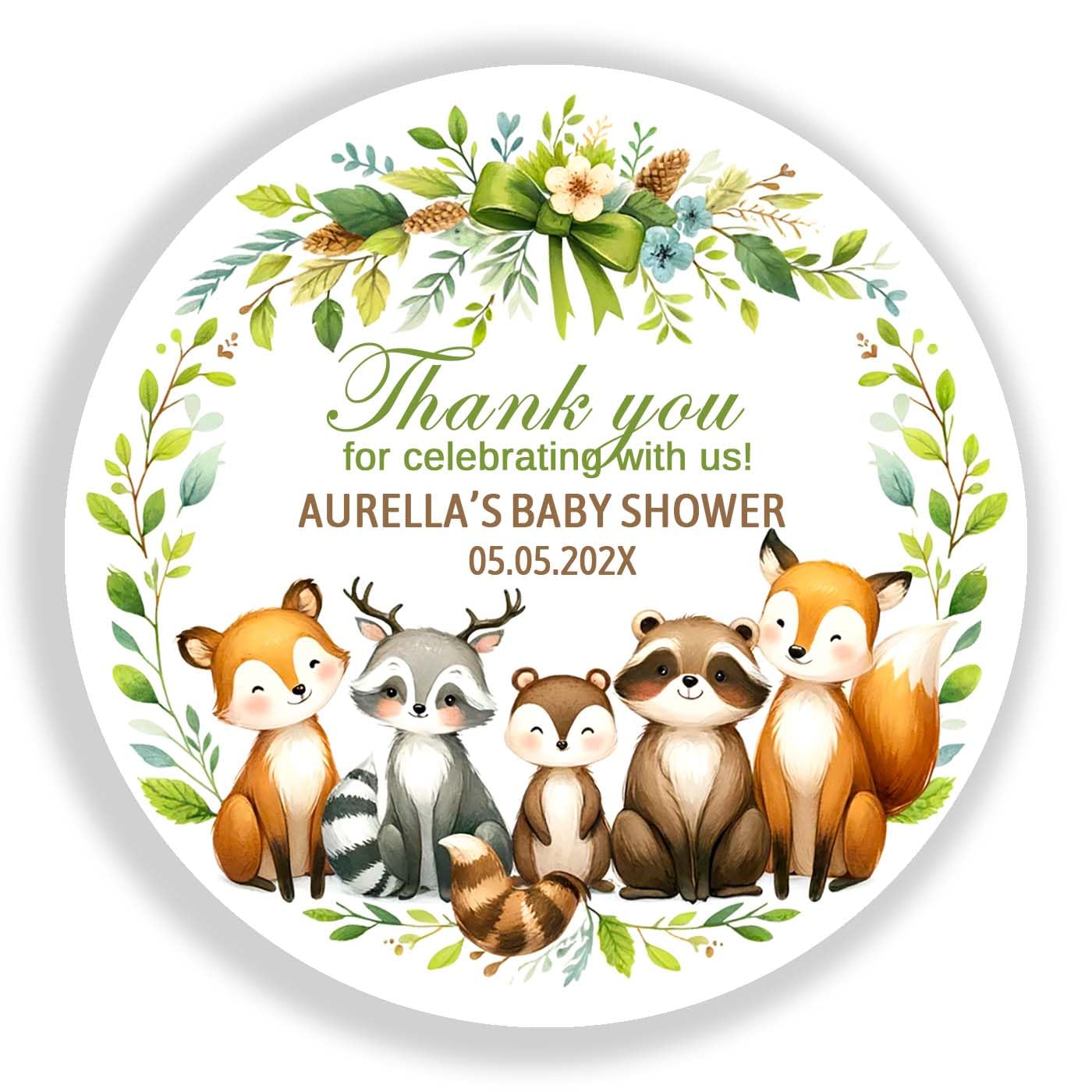Personalized Customized Labels Tags,Customizable Stickers Woodland Animals Baby Shower Thank You Favors Classic Round Sticker for Business Custom Made Stickers, 100 Stickers2X2"