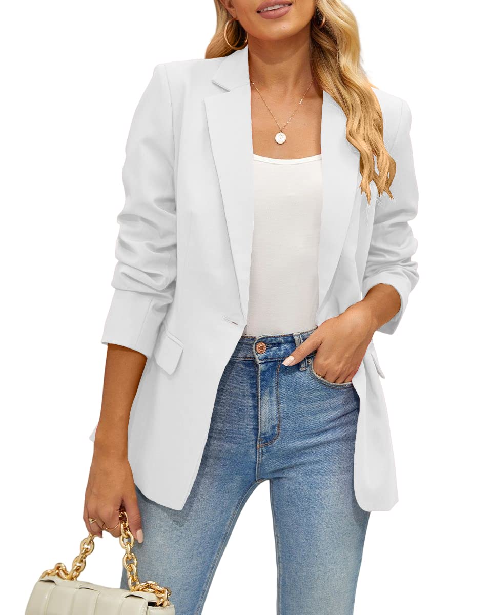 Pfvkeree Women's Casual Open Front Blazers Office Work Long Sleeve Jackets Blazer with Pockets White