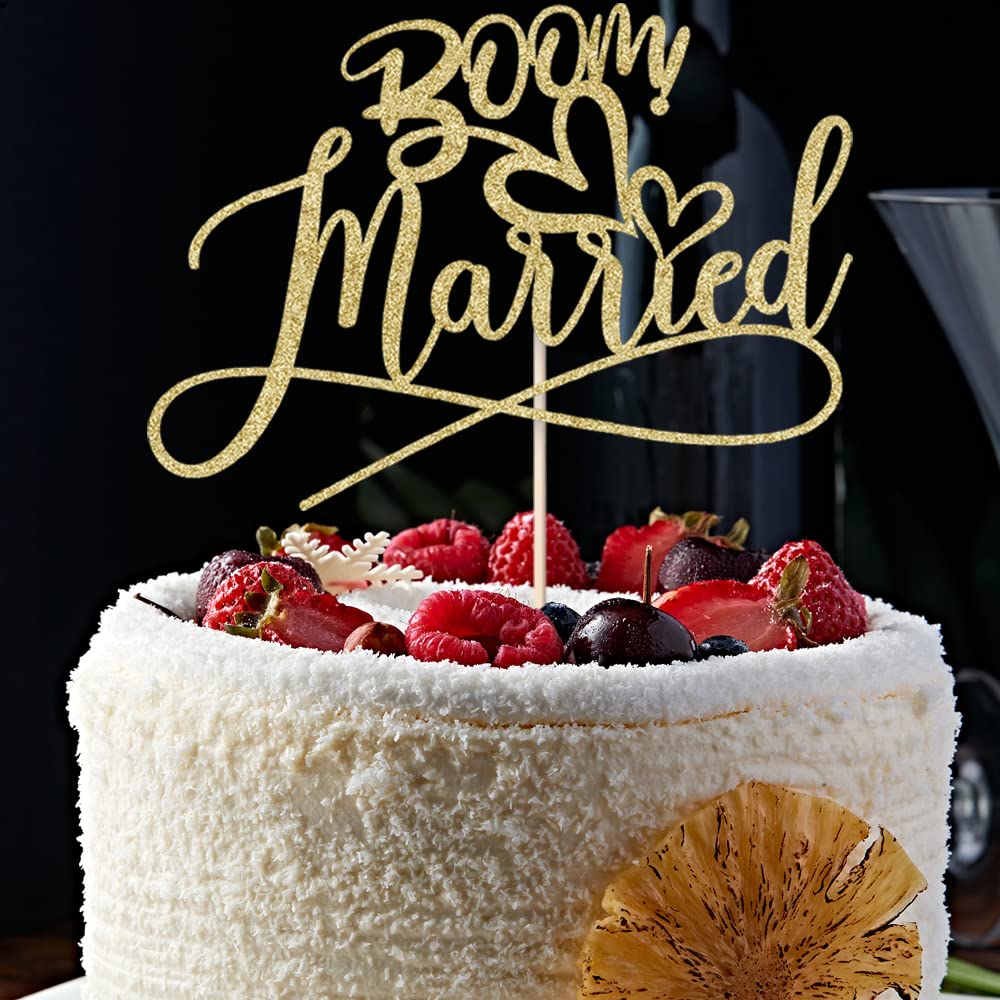 Sodasos BOOM! Married Wedding Cake Topper,Funny Cake Topper, Quirky, Nerdy Topper,Married Cake Topper,Bridal Shower,Theme Wedding Party Supplies (gold)