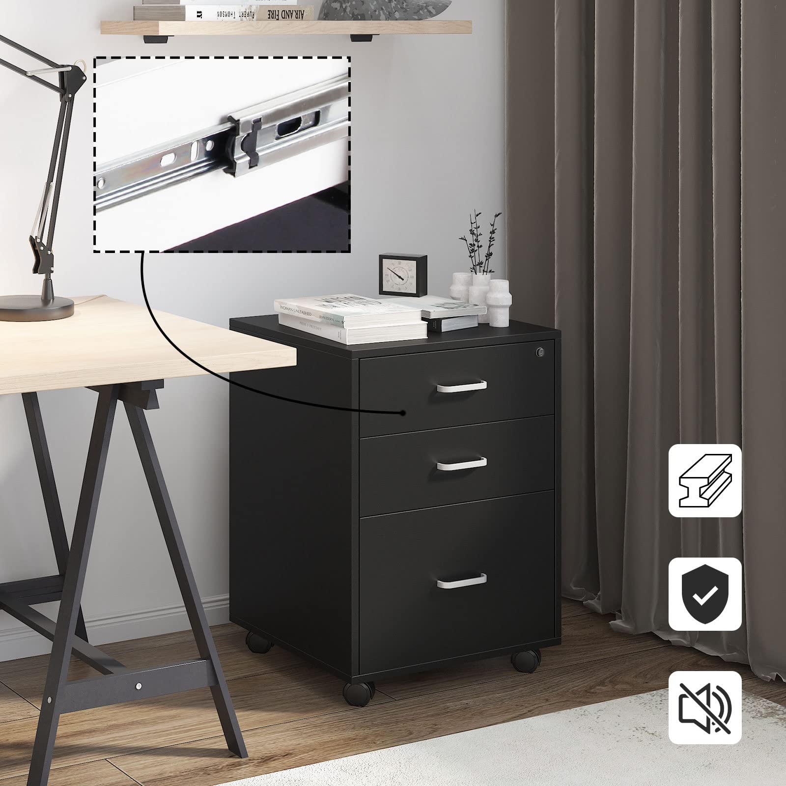 SogesHome File Cabinet with 3 Drawers, Office Storage File Cabinet on Wheels, Under Desk Filing Drawer Storage for Home (Black)