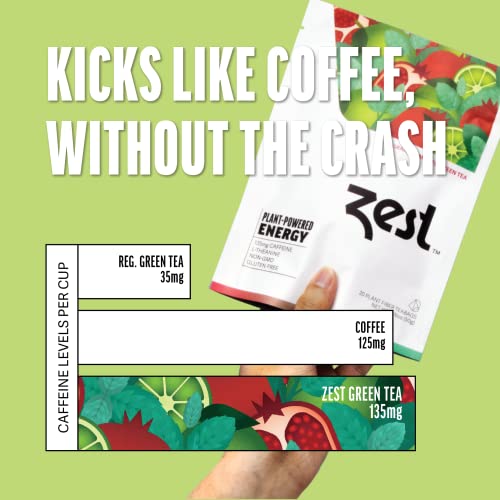 Zest 135mg High Caffeine Energy Leaf Blend - Pomegranate Mojito Green Tea - 20 Pack Bag - All Natural Strong Flavored Healthy Coffee Alternative Highly Caffeinated Substitute - Perfect for Keto