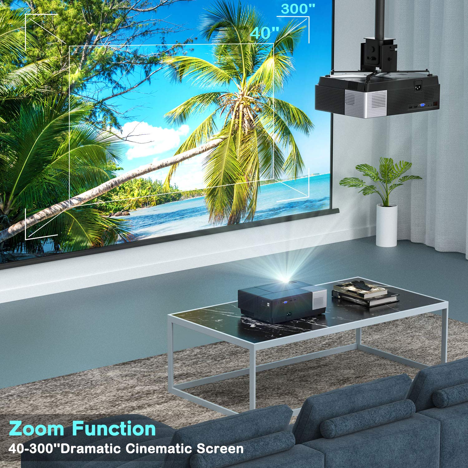 Projector, BOSNAS 8000 Lux Home Video Projectors, 1920×1080P, Support 300" Screen Playing with Hi-Fi Speakers and 4-D Keystone Correction, Compatible with TV Stick/Phone/Laptop/DVD Player/PS4