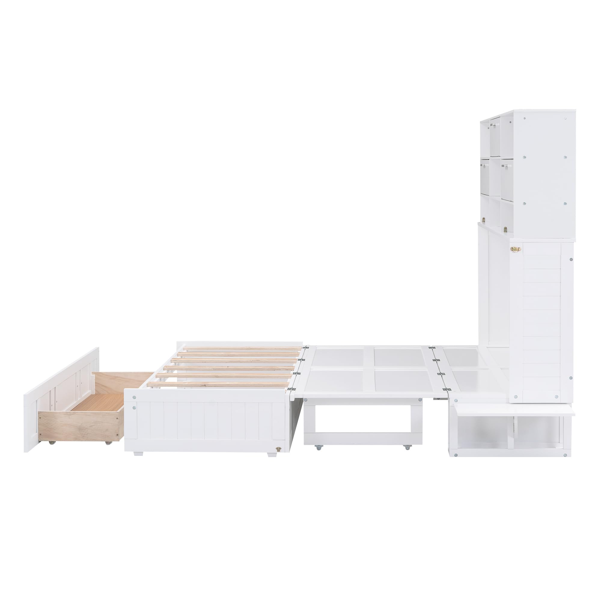 P PURLOVE Queen Murphy Bed Cabinet with Bookcase, Bedside Shelves and a Big Drawer,Solid Wood Level Folding Multipurpose Murphy Bed for Apartment/Living Room