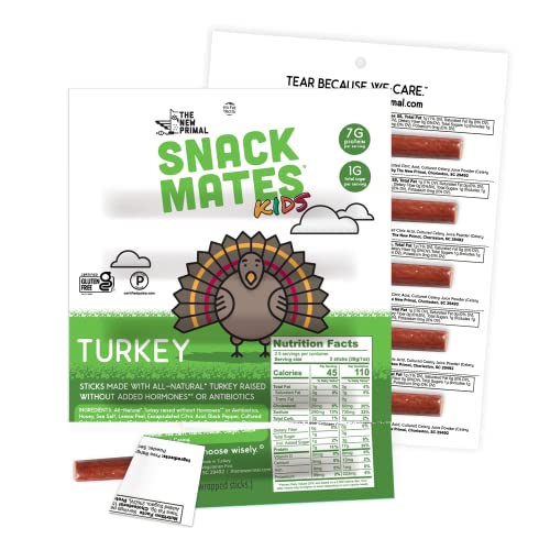 The New Primal Snack Mates Turkey Sticks, Gluten Free Healthy Snacks for Kids, Low Sugar High Protein Kids Snack for School, Mini Paleo Jerky Meat Stick, 7g Protein, 45 Calories, 10 Pack