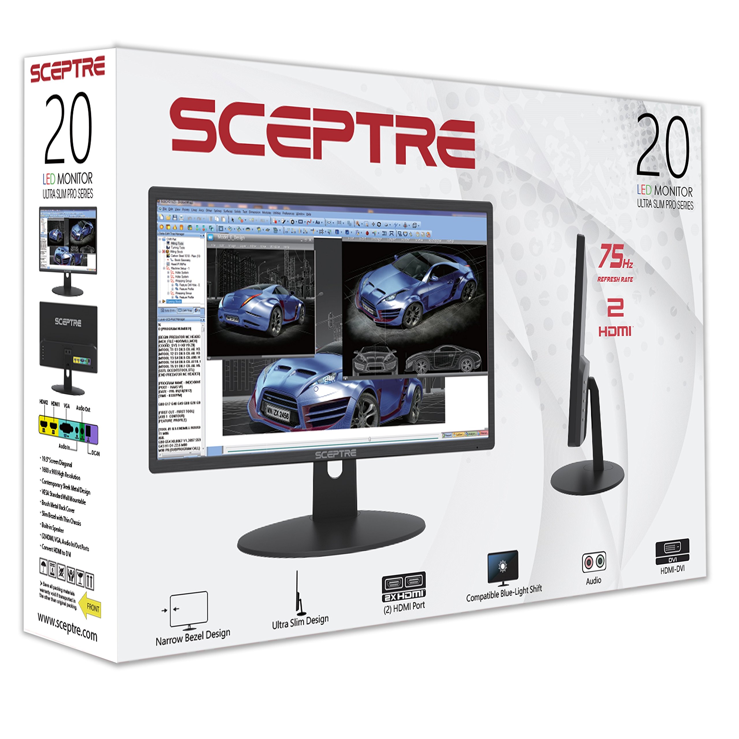 Sceptre 20" 1600x900 75Hz Ultra Thin LED Monitor + C2G 6' HDMI Cable