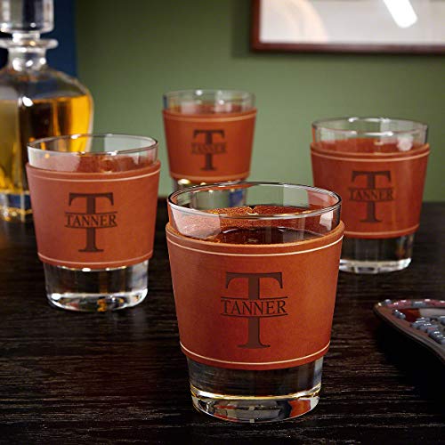 Whiskey Glasses with Personalized Leather Wrap, Set of 4 (Custom Product)