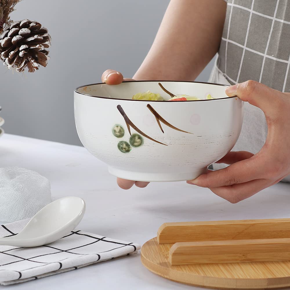 Yeking Japanese Vintage Noodle Bowl with Lid Spoon Black Ceramic Ramen Bowl Hand Drawn Rice Bowl Retro Tableware Noodle Bowl 6.5 inch, A